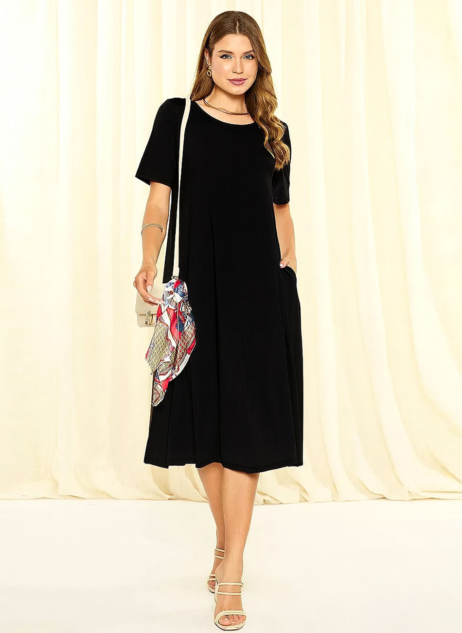 Vestido Cof Cof Fluity Midi Liso Preto - Pole Modas